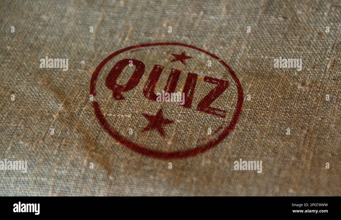 Quiz stamp printed on linen sack. Competition question and answer ...