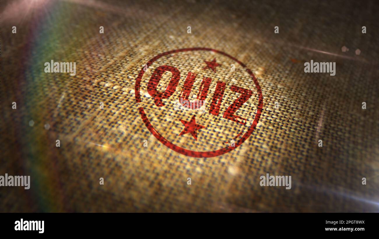 Quiz stamp printed on linen sack. Competition question and answer ...
