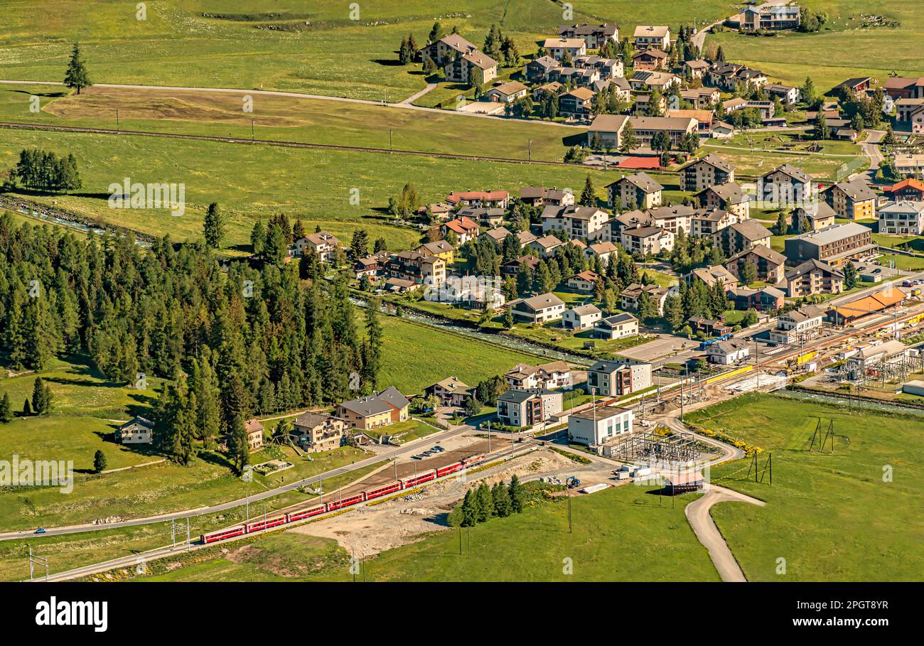 Aerial view of Samedan from Muottas Muragl with a Rhaetian Railway ...