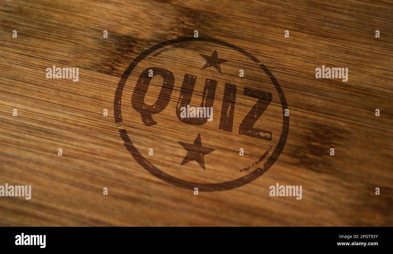 Quiz stamp printed on wooden box. Competition question and answer ...