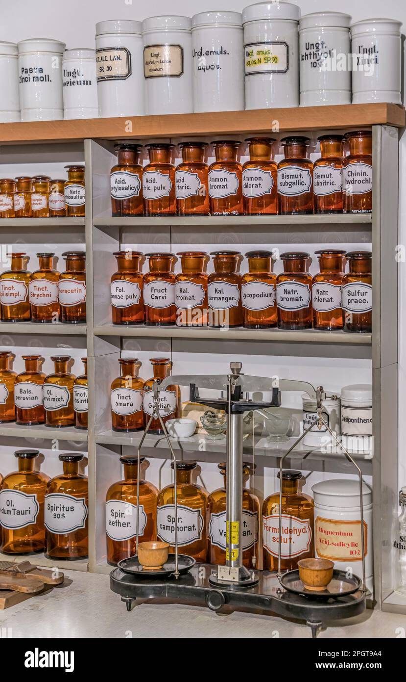 East German pharmacist container on a shelf at the "Die Welt der DDR ...