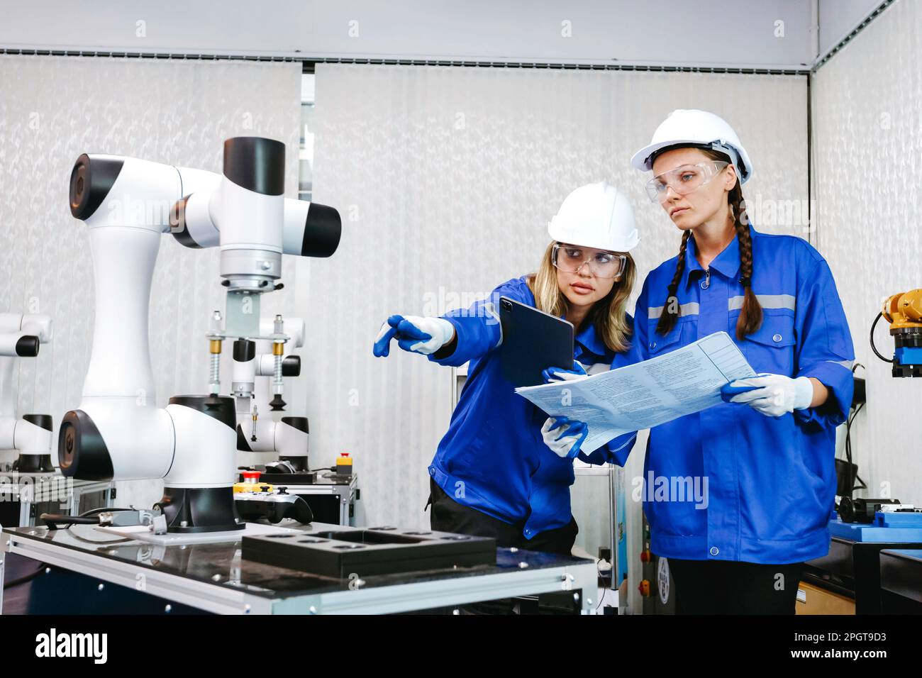 female automation machine engineer student study and inspection control ...