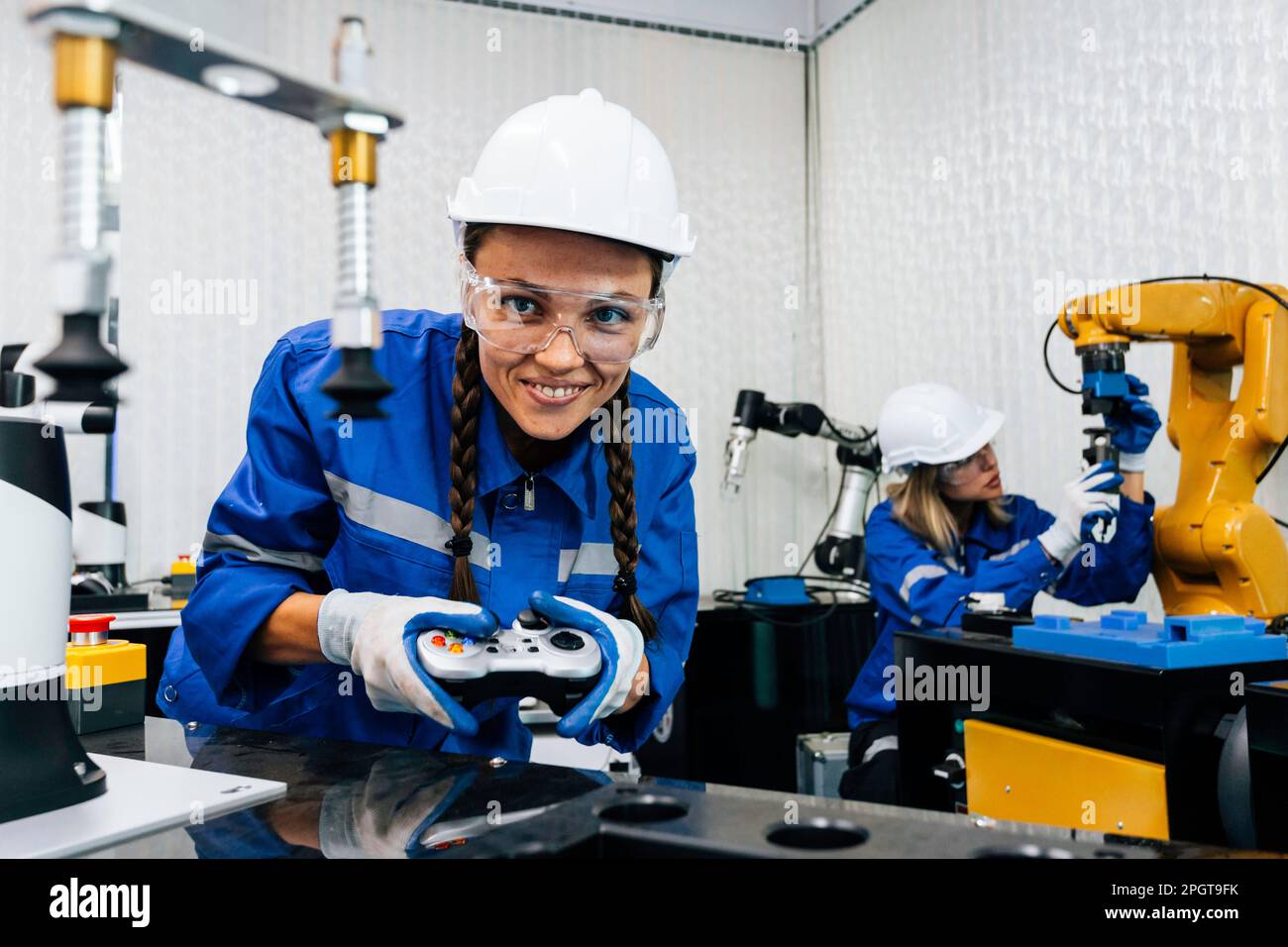 female automation machine engineer student study and inspection control ...