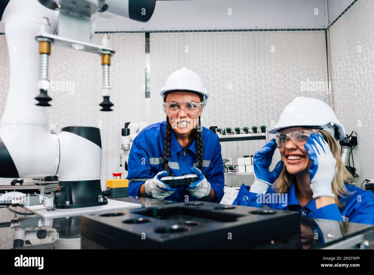 female automation machine engineer student study and inspection control ...