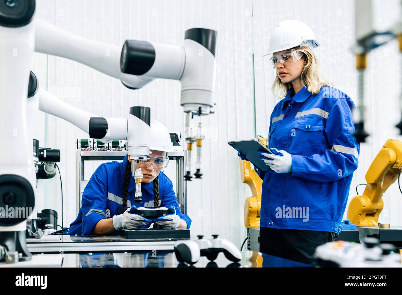 female automation machine engineer student study and inspection control ...