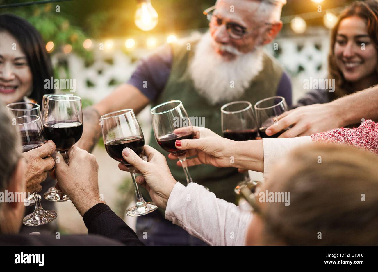 Happy family cheering with red wine at barbecue dinner outdoor - Focus ...