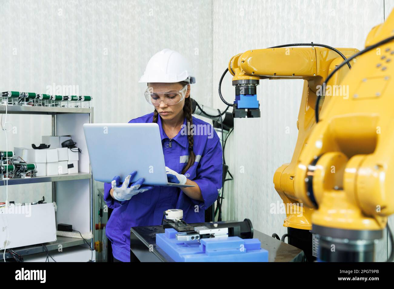 female automation machine engineer student study and inspection control ...