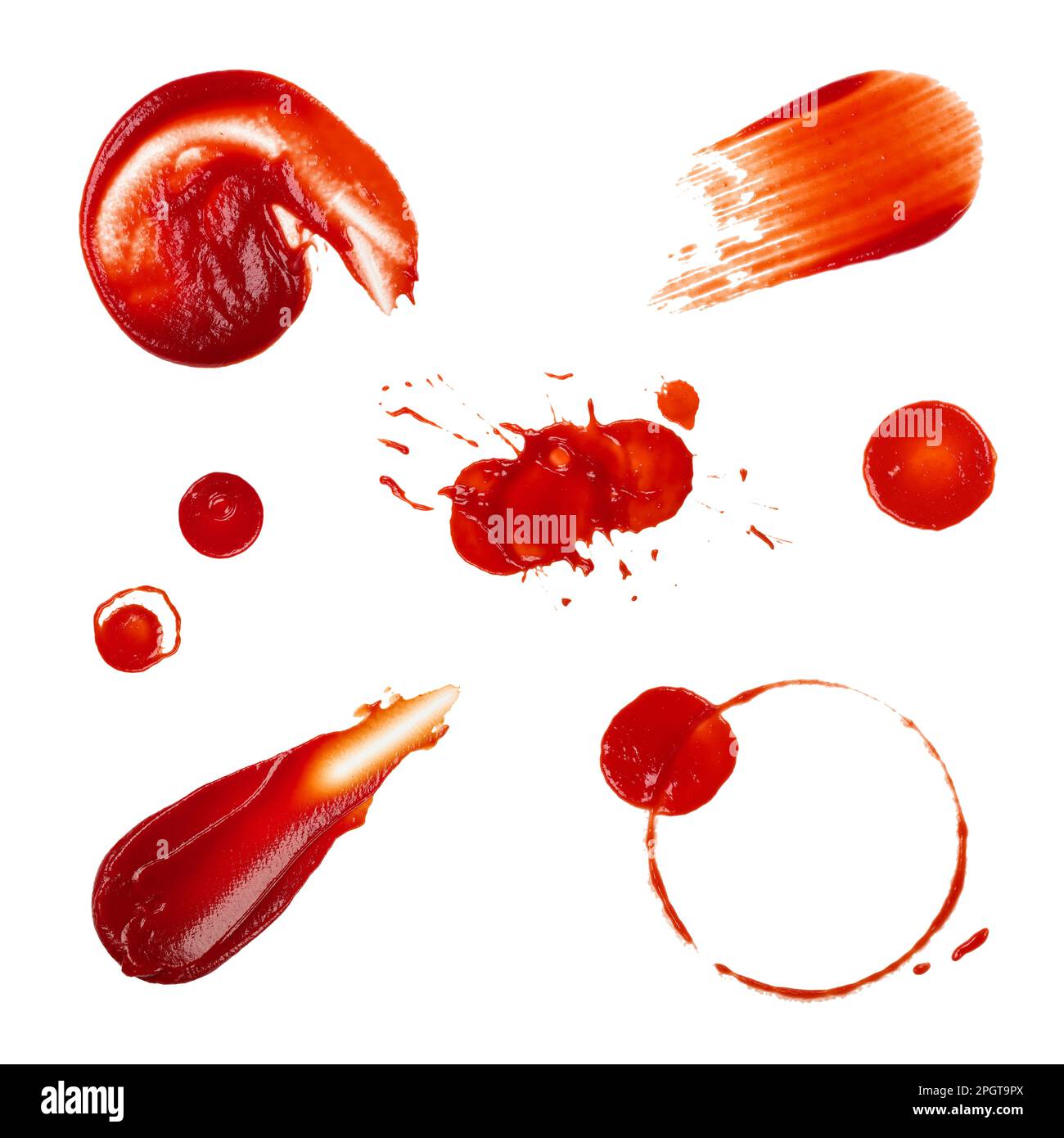Close up collection of different red ketchup tomato sauce wet stains ...