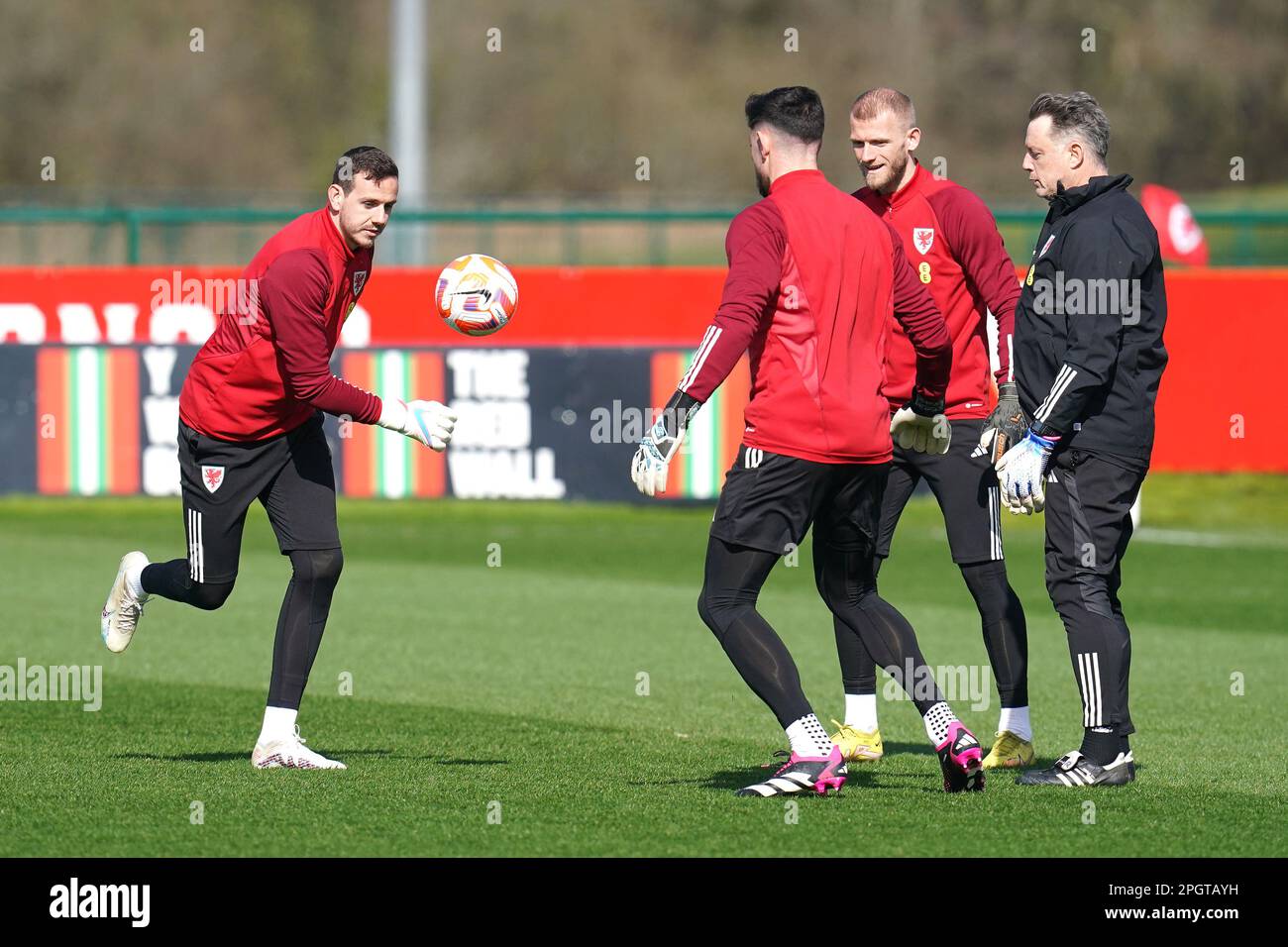 Wales goalkeeper Danny Ward (left) with Tom King, Adam Davies and ...