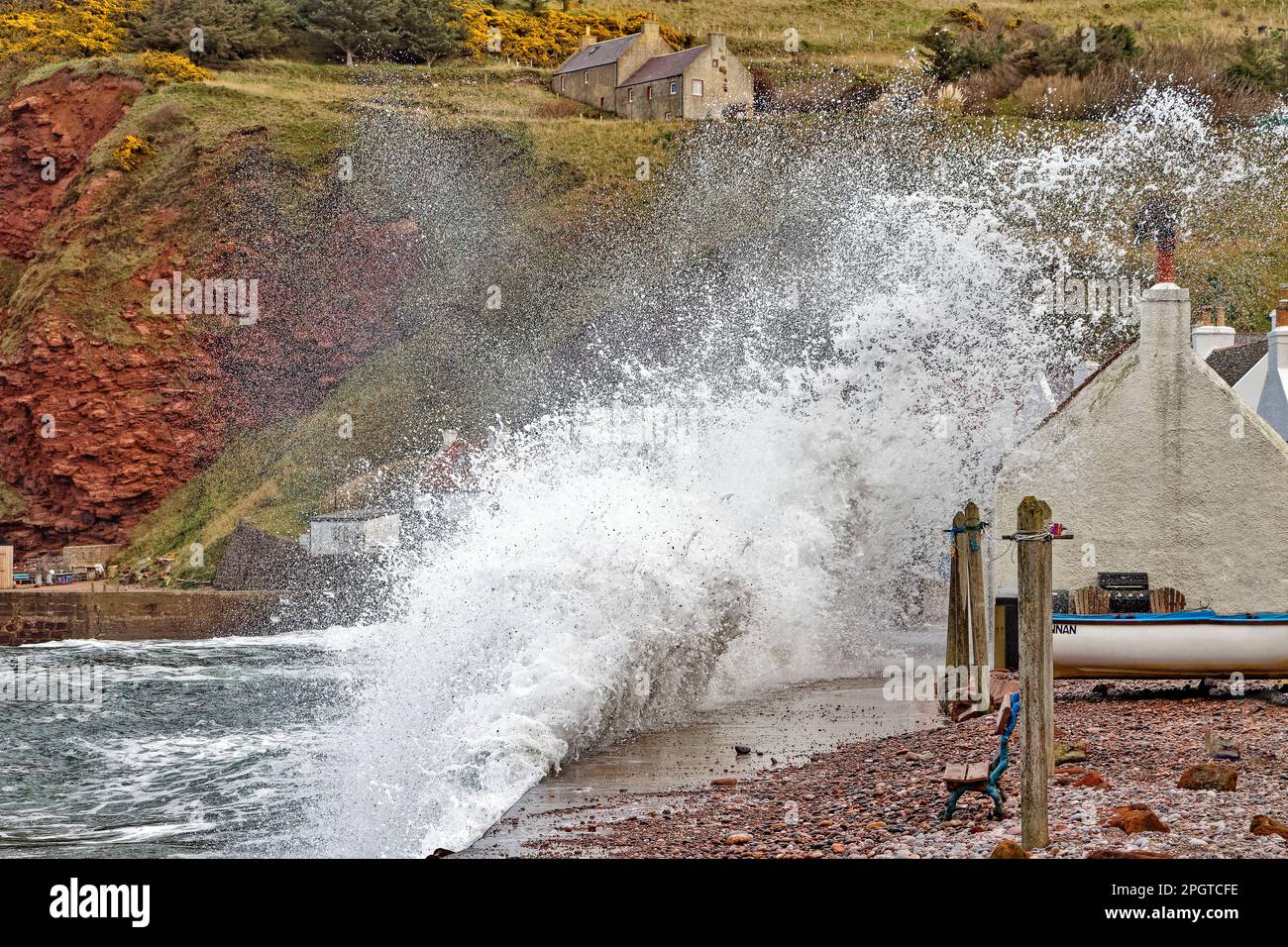 Pennan village Aberdeenshire Scotland at high tide foam pebbles and ...