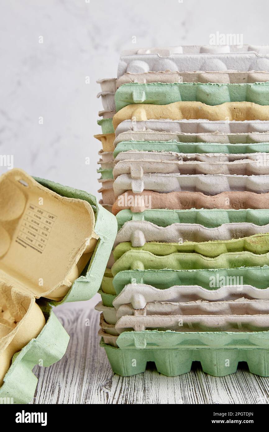 Sustainable, recycled, zero waste, natural lifestyle, packaging waste concept. Close up of eggs ...