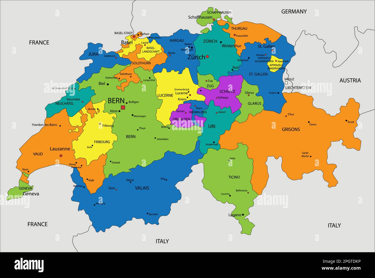 Colorful Switzerland political map with clearly labeled, separated ...