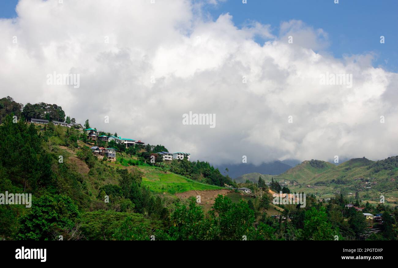 Kundasang town view with Mount Kinabalu fully hidden behind the clouds ...