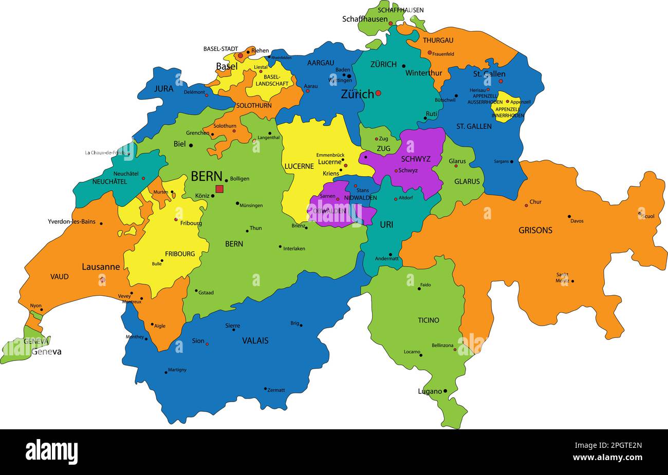 Colorful Switzerland political map with clearly labeled, separated ...