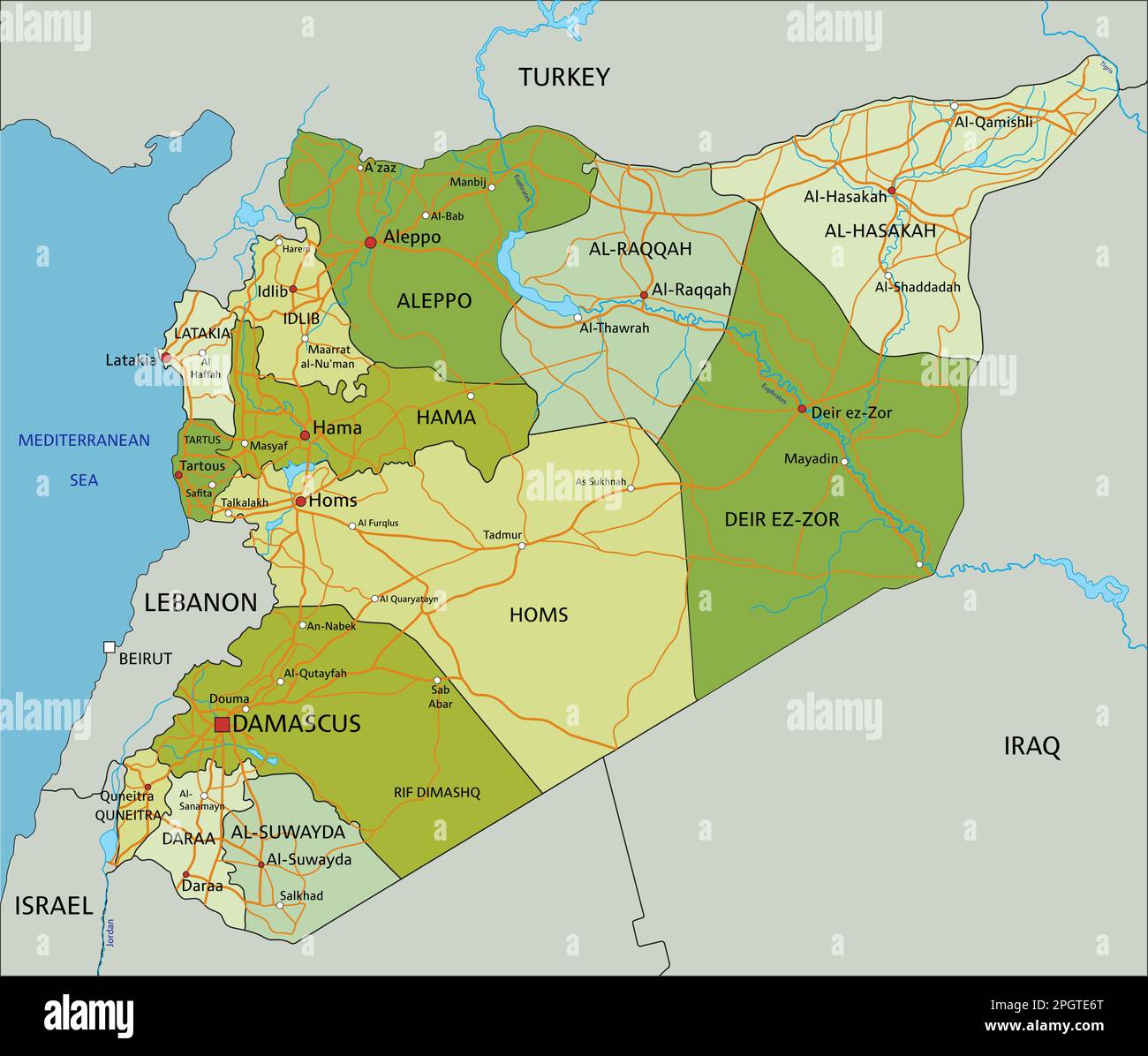Highly detailed editable political map with separated layers. Syria ...