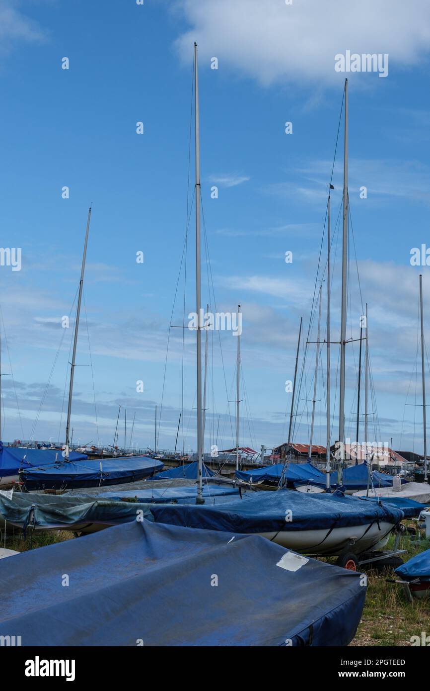 Beached covered sailing boats. Blue sky with fluffy clouds. Whitstable ...