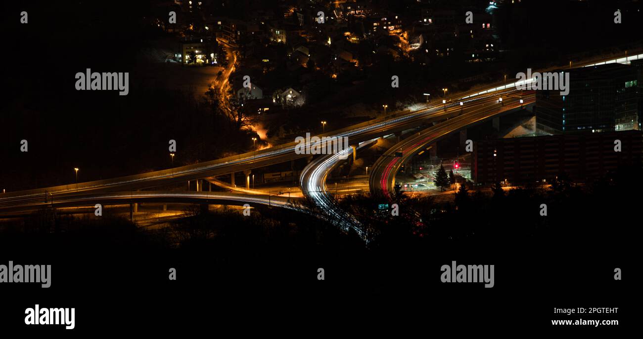 Curvy street in Zurich is photographed from a distance at night Stock ...