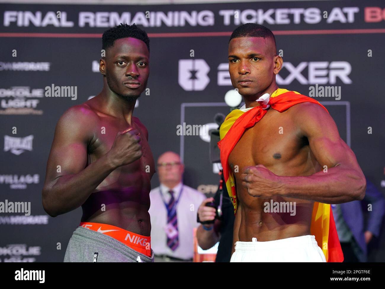 Samuel Antwi (left) and Omir Rodriguez during a weigh-in at the Love ...