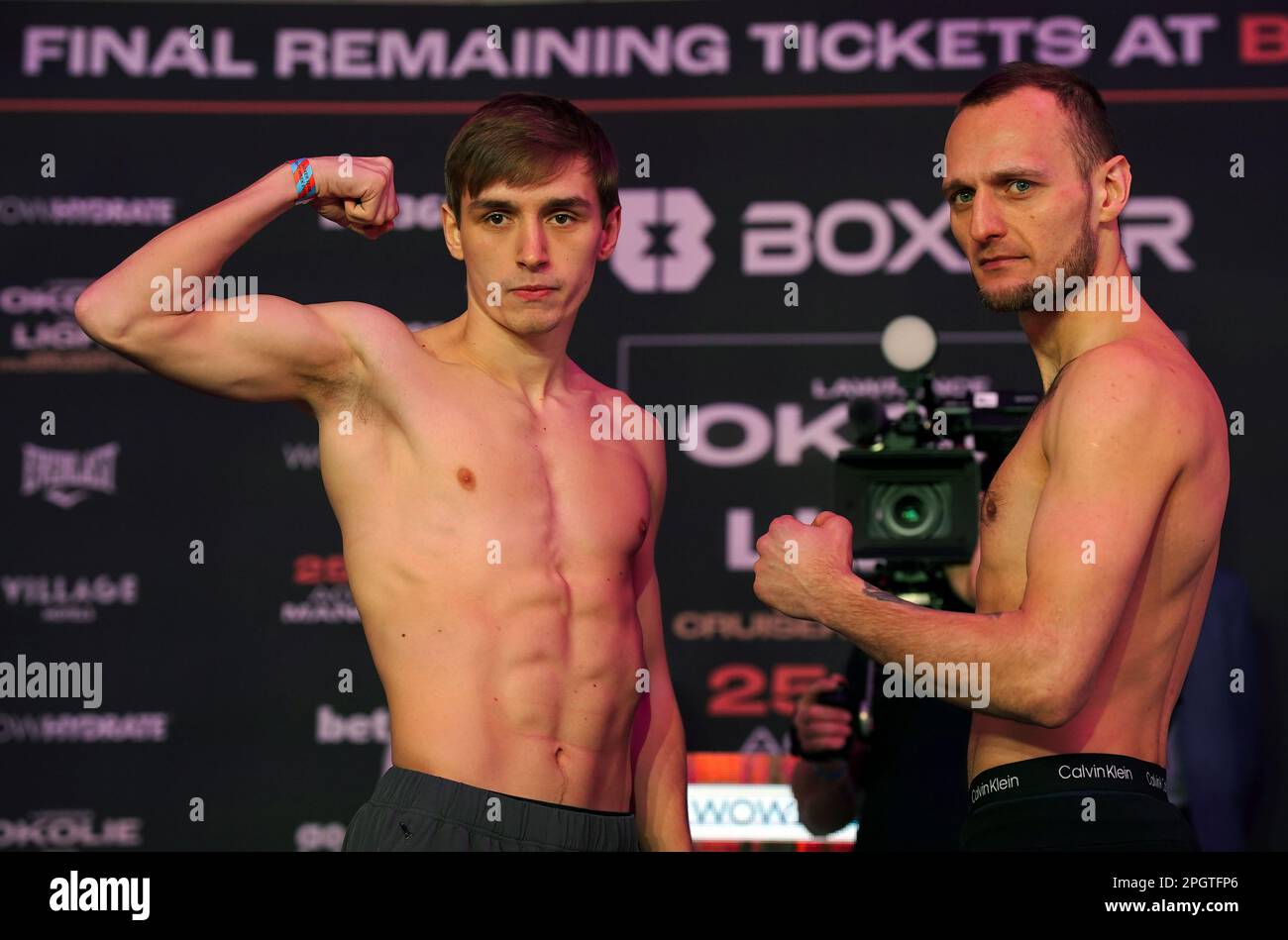 Frankie Stringer (left) and Jakub Laskowski during a weigh-in at the ...