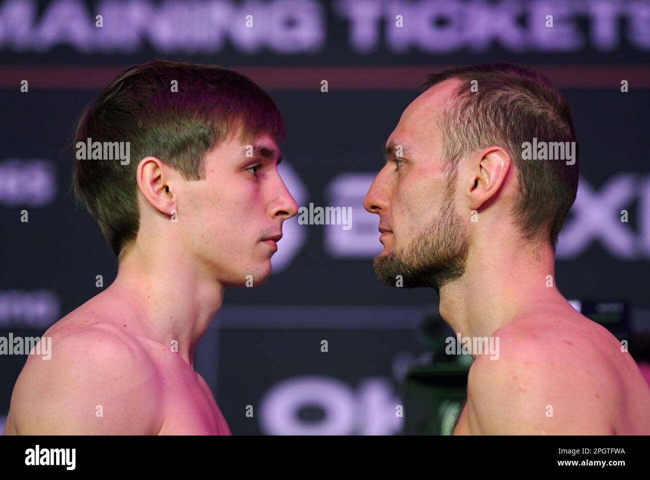 Frankie Stringer (left) and Jakub Laskowski during a weigh-in at the ...