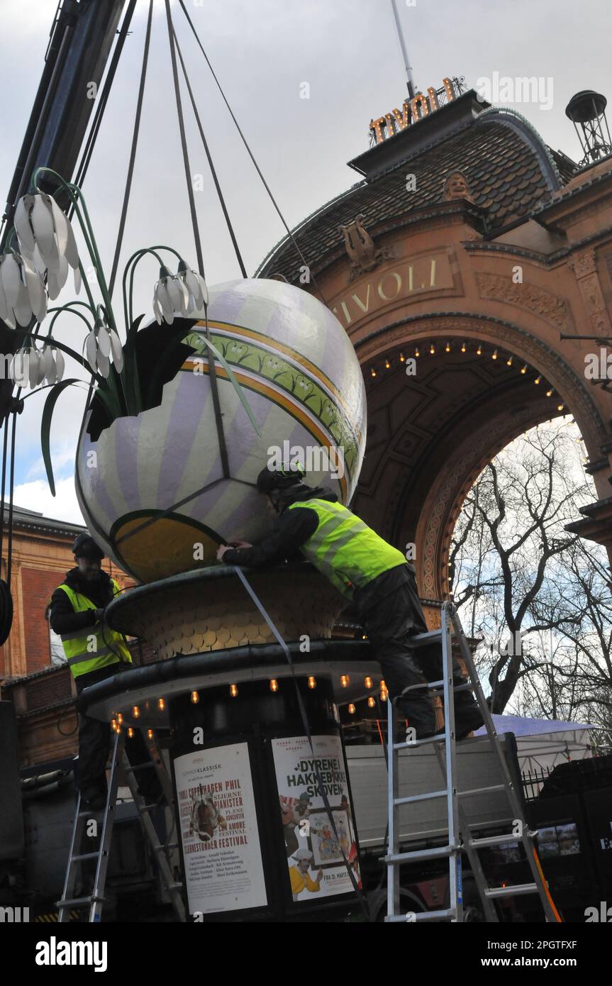 Copenhagen /Denmark/24 March 2023/Male placing huge Easter eggs at main ...