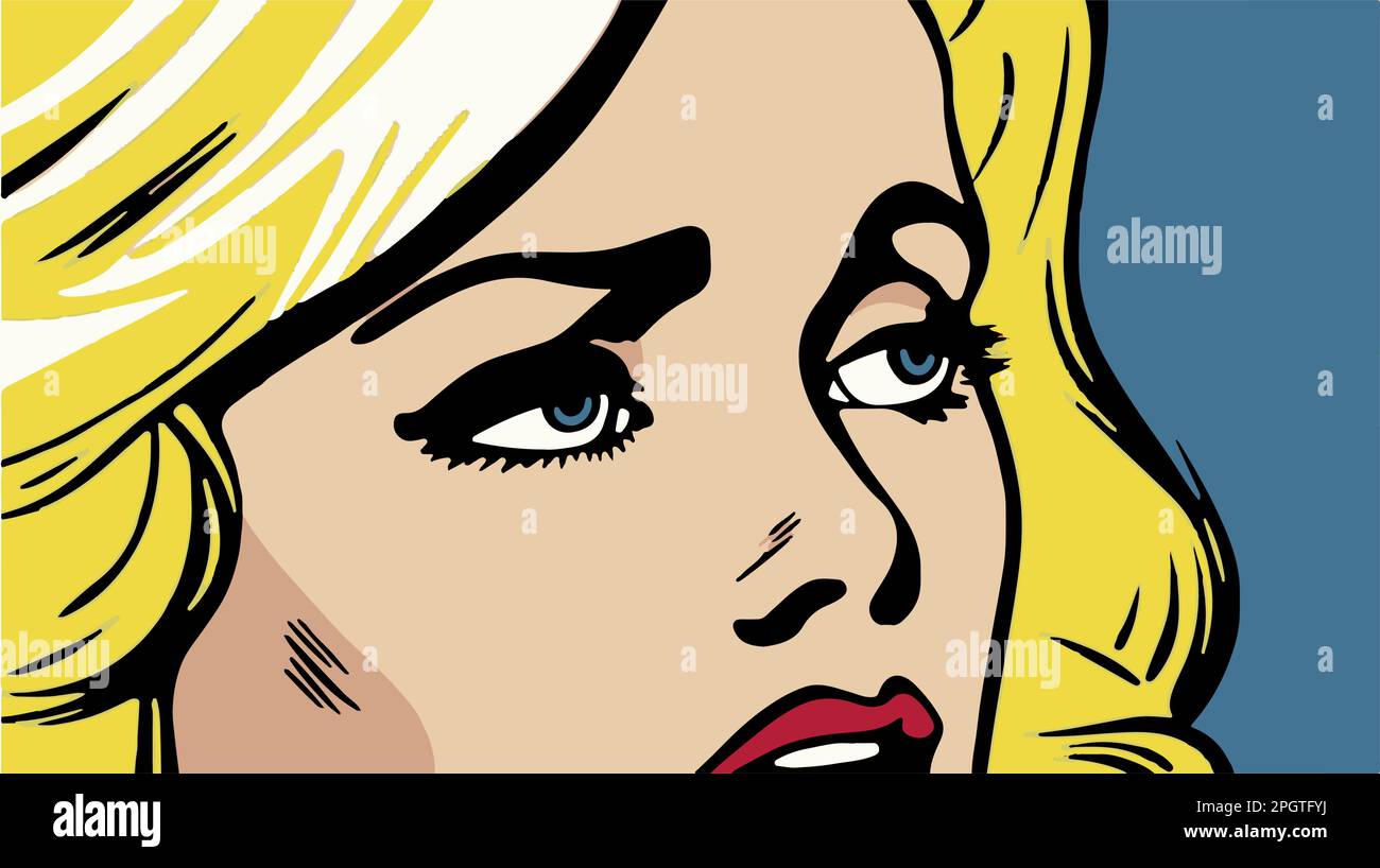 Pop art of sad blond girl. Vintage cartoon comic drawing of depression ...