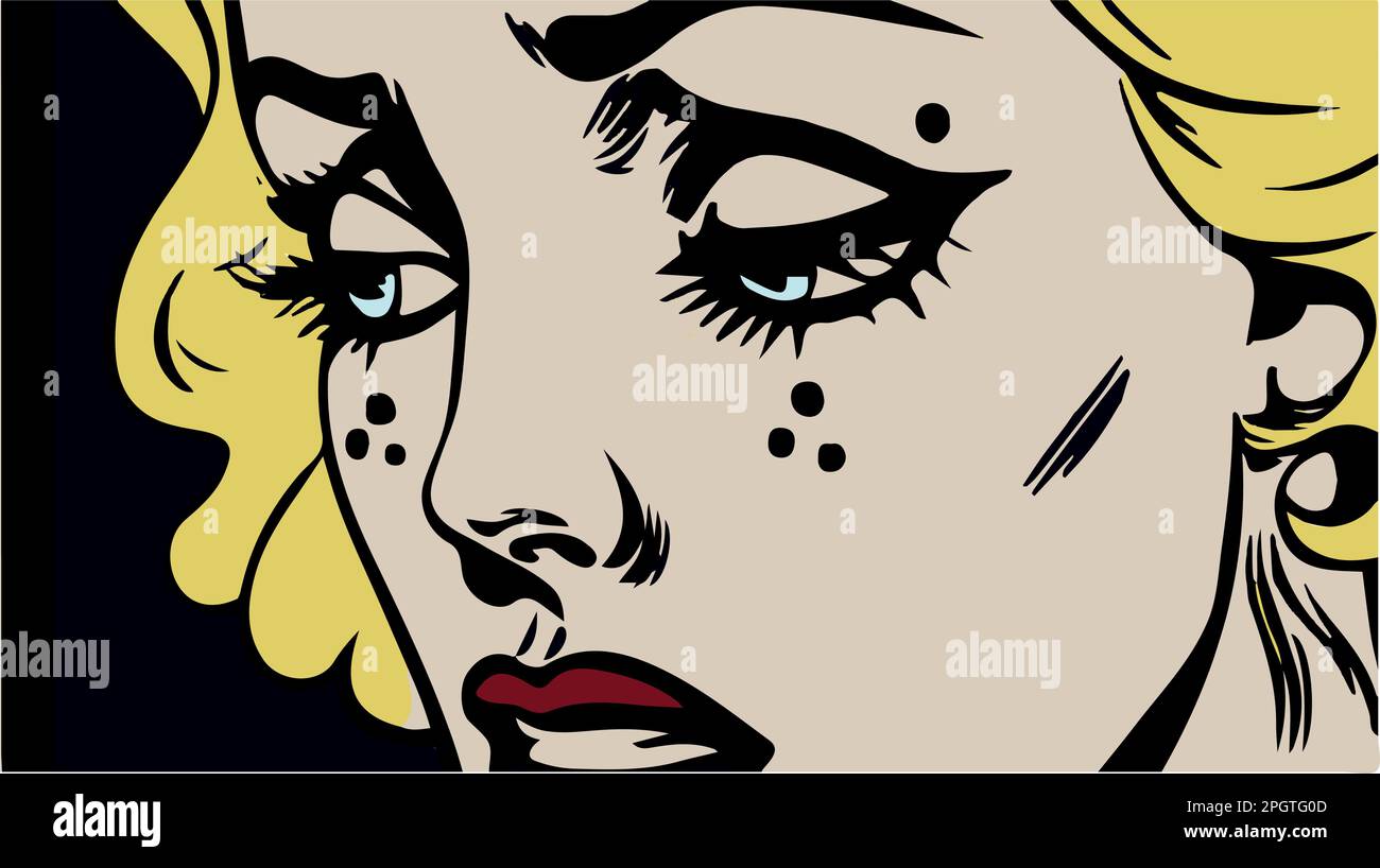 Pop art of sad blond girl. Vintage cartoon comic drawing of depression ...