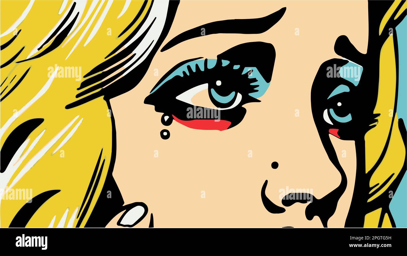 Pop art of sad blond girl. Vintage cartoon comic drawing of depression ...