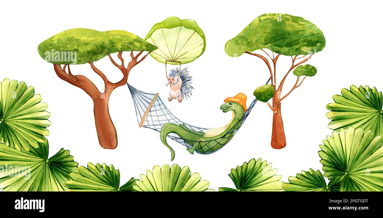 Cartoon lizard in a hat watercolor illustration isolated on white ...