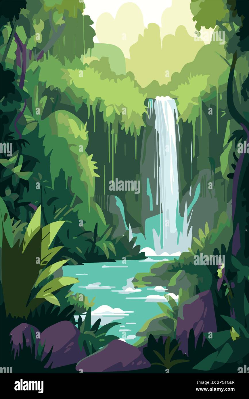 Waterfall in the jungle. Peaceful landscape in the forest. Vector art of tropical outdoor stream ...