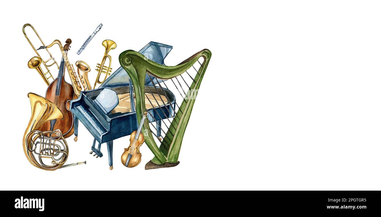 Composition of grand piano, harp, contrabass musical instruments ...