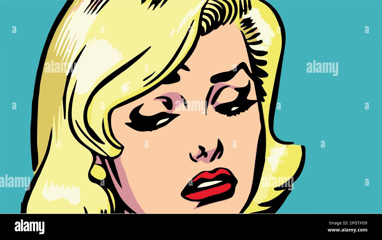 Pop art of sad blond girl. Vintage cartoon comic drawing of depression ...