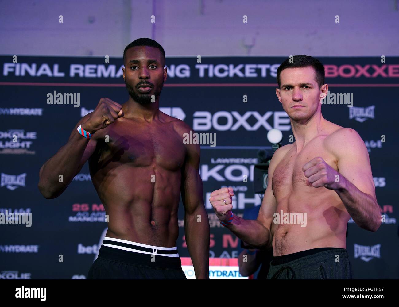 Shakiel Thompson (left) and Robert Talarek during a weigh-in at the ...