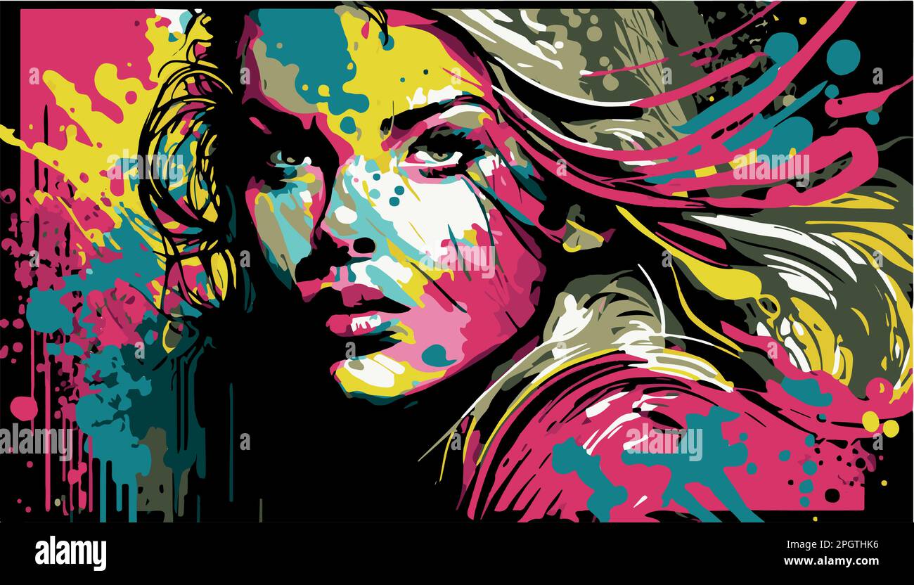 Woman, graffiti street art fashion. Vector graphic, beautiful, strong, lady spray painted. Paint ...