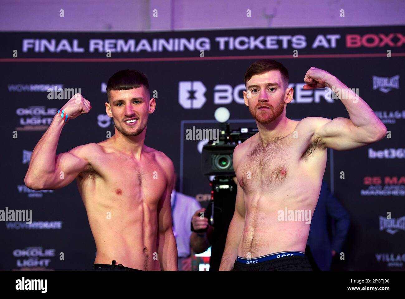 Rhys Edwards (left) and Brian Phillips during a weigh-in at the Love ...