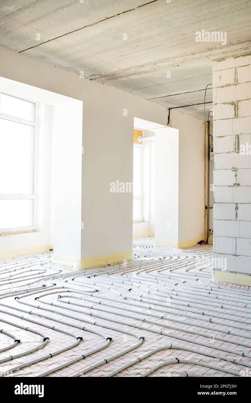 Installation of underfloor heating pipes for water heating. Heating ...