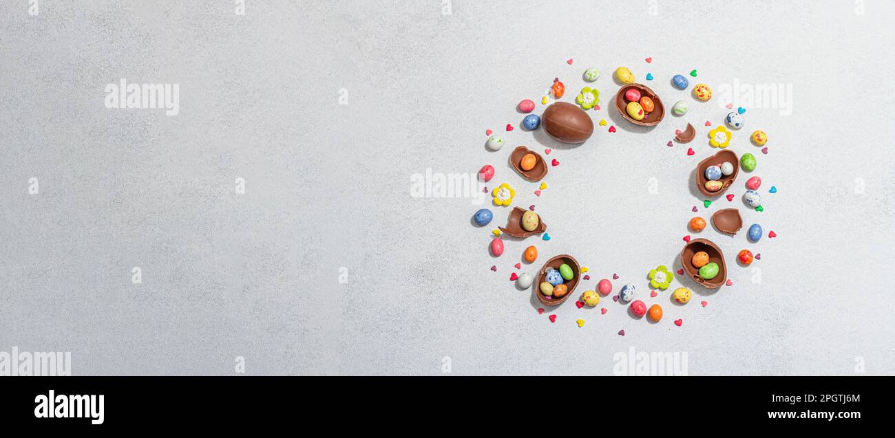 Traditional Easter sweets with eggs, chocolate rabbit, festive edible ...