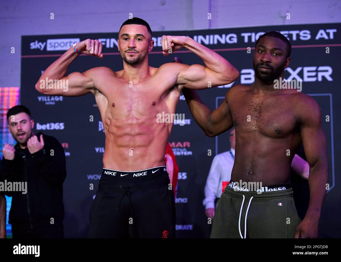 Callum Simpson (left) and Celson Neves during a weigh-in at the Love ...