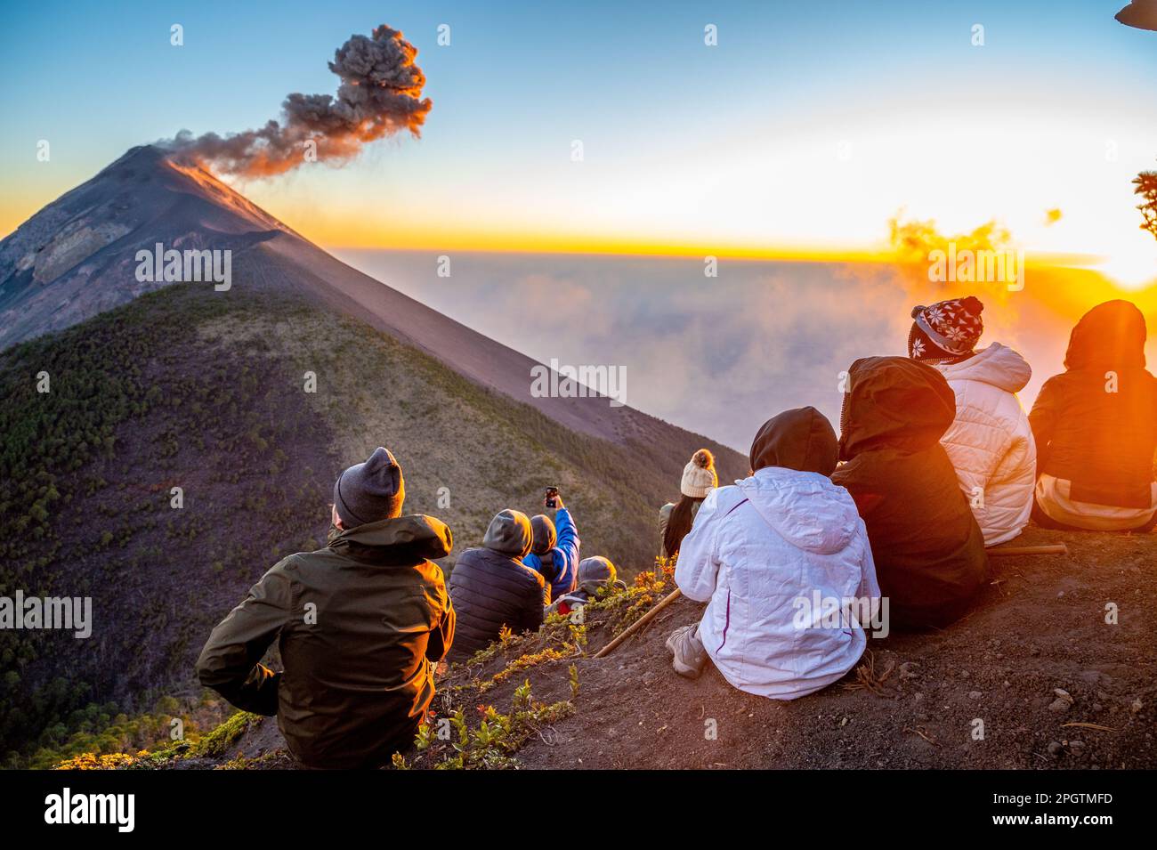 People watching erupting Fuego Volcano Landscape in Guatemala Stock ...