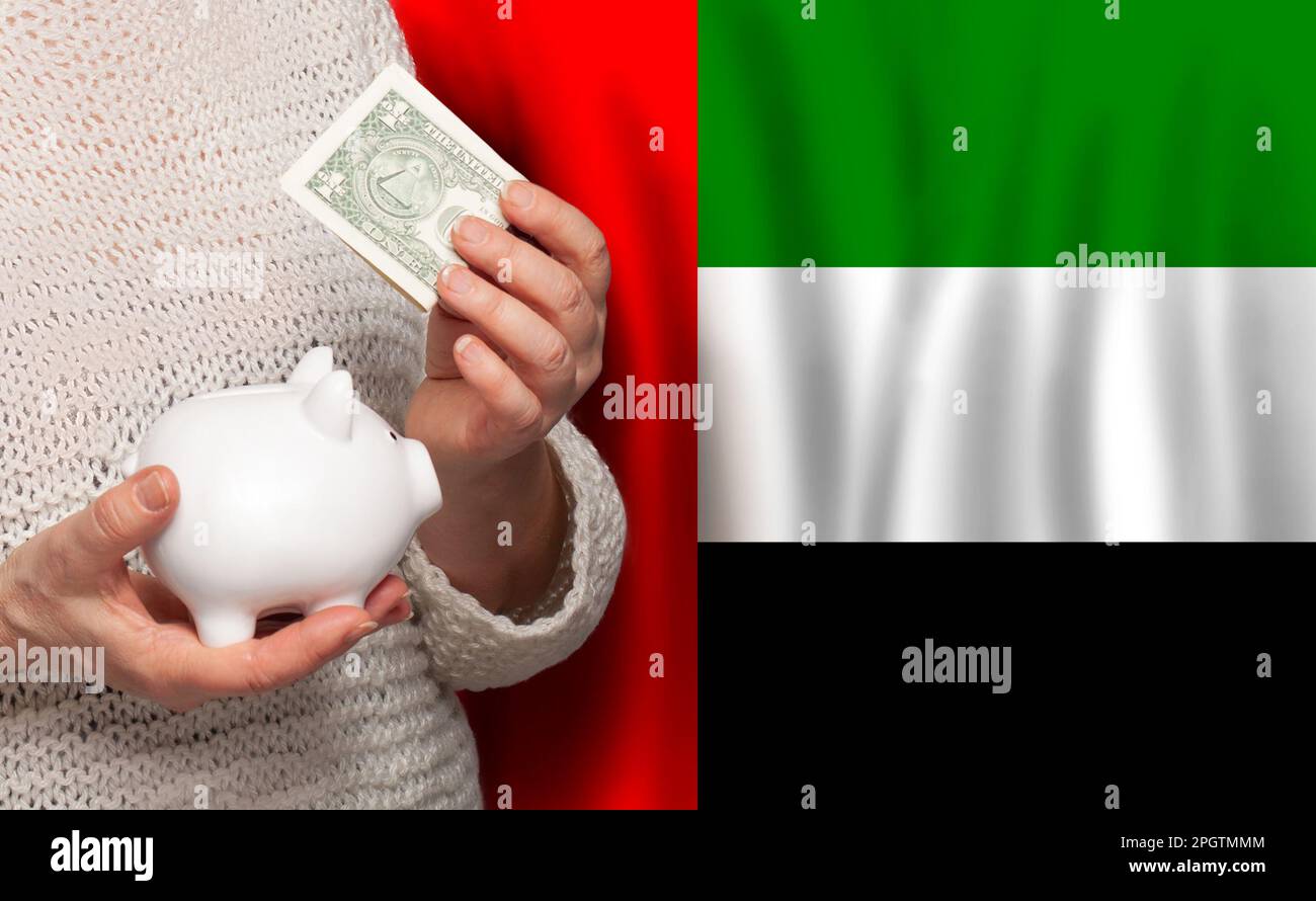 UAE woman with money bank on the background of United Arab Emirates ...