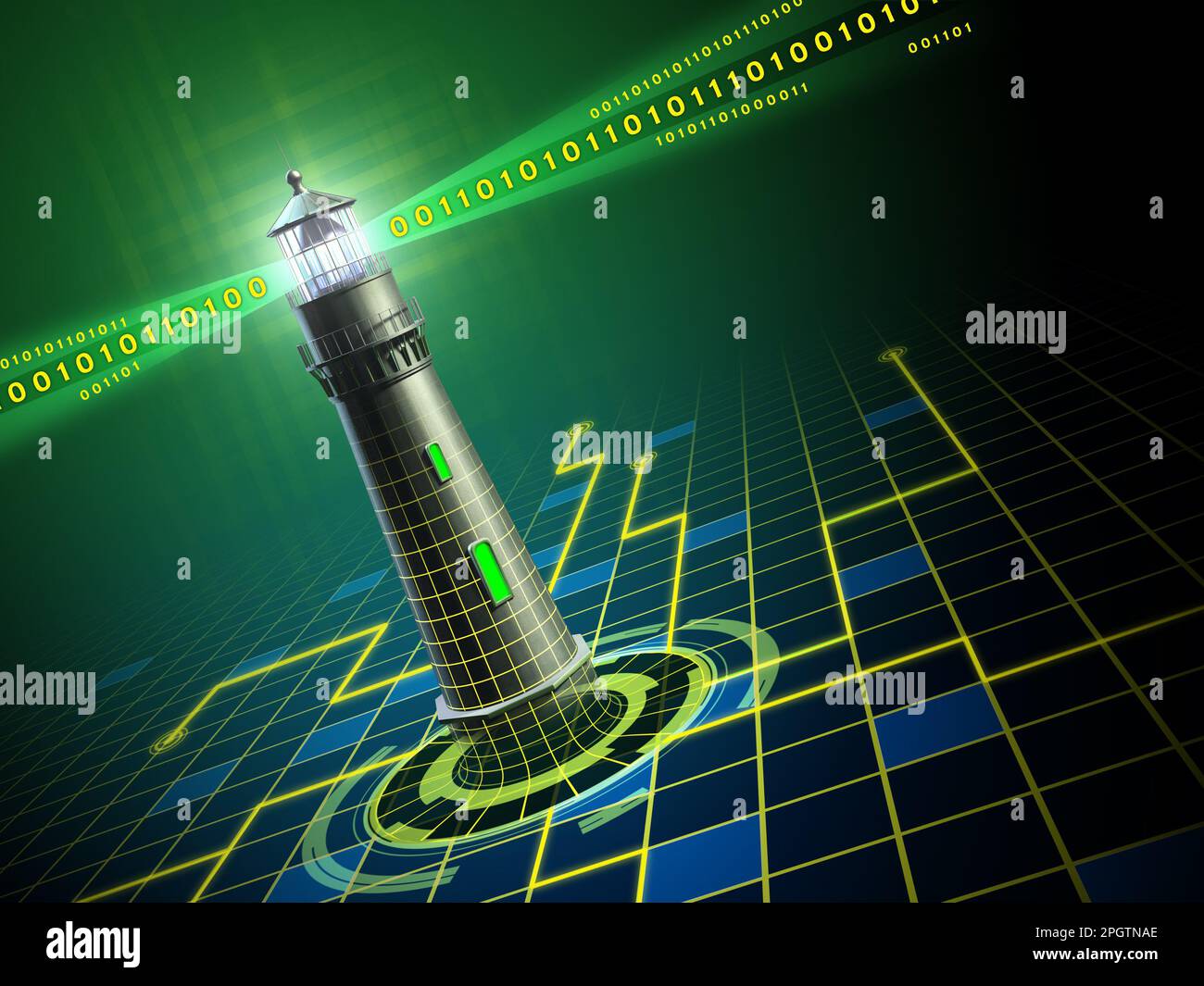 Lighthouse emerging from a wire-frame plane in a digital dimension ...