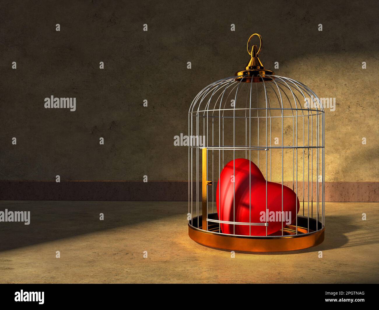 A red heart kept closed in a shiny metal cage. Digital illustration ...