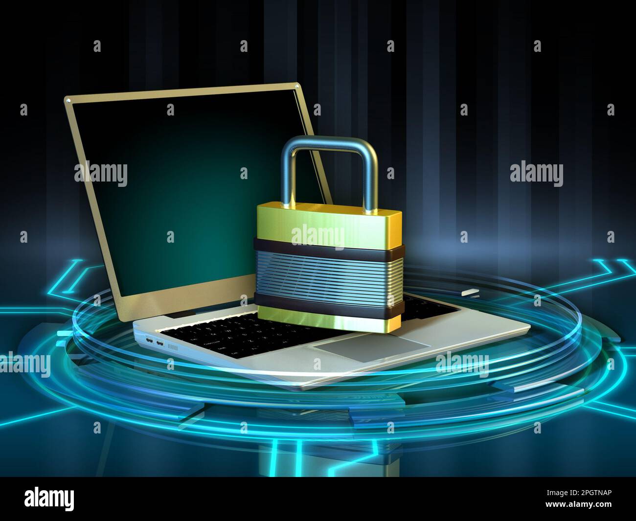 Big lock sitting on top of an open laptop computer. Digital ...