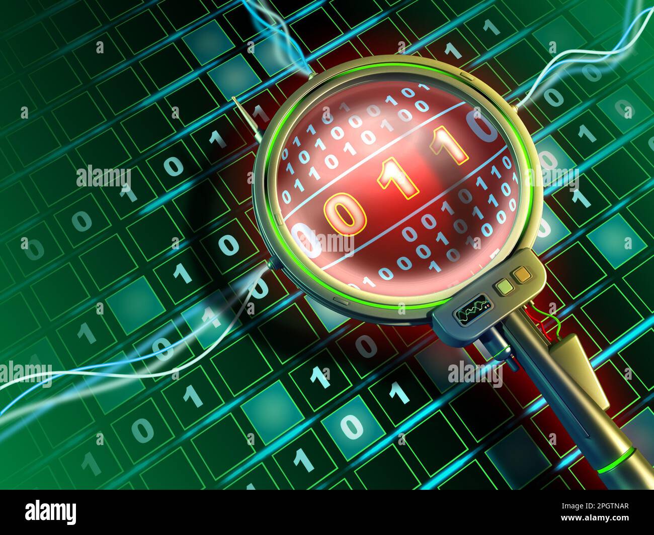 High-tech lens is scanning a stream of binary data. Digital ...