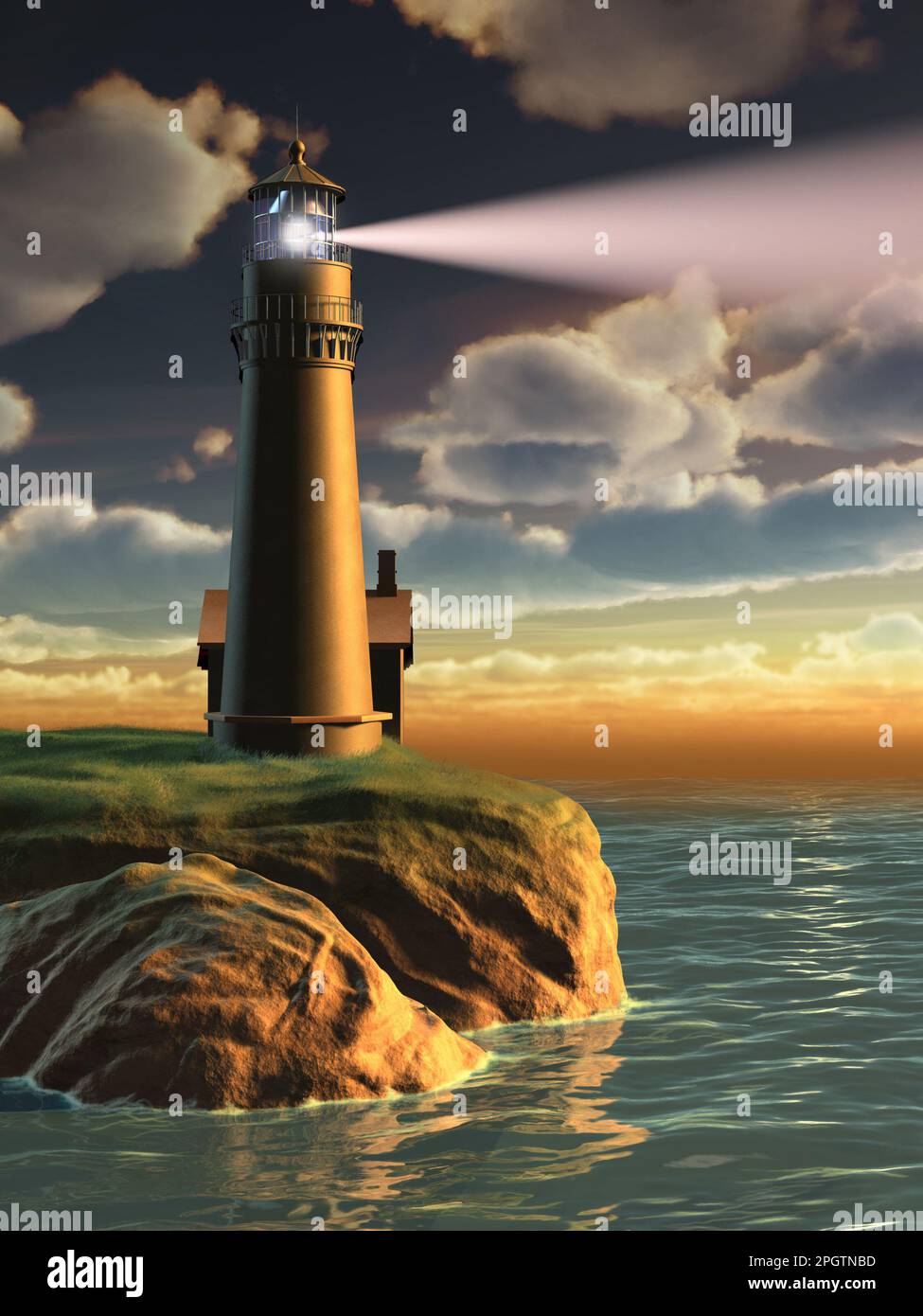 Gorgeous landscape with a lighthouse at sunset. Digital illustration ...