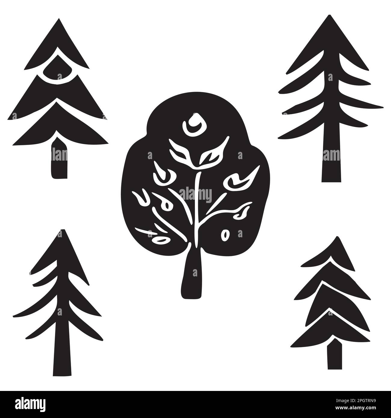 Set of vector tree motifs in low brow style. Collection of monochrome ...