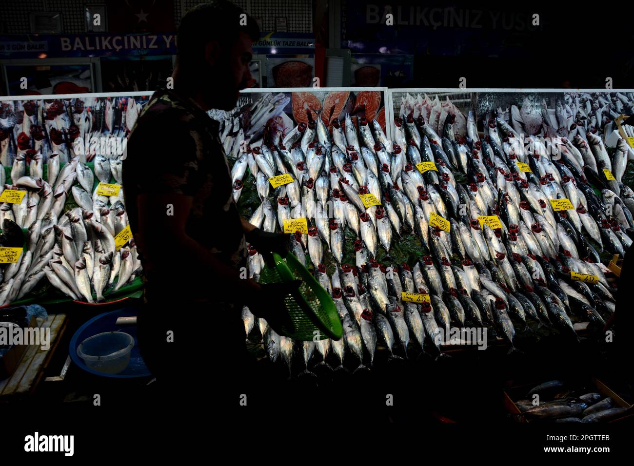 Whole fresh fish and seafood for sale amid vendors at the Galata fish ...