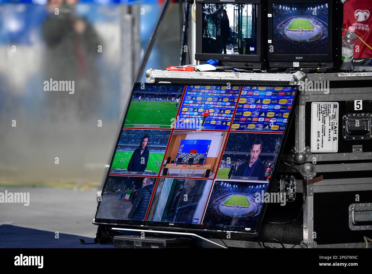 A monitor of the Rai television station on the sidelines during the ...