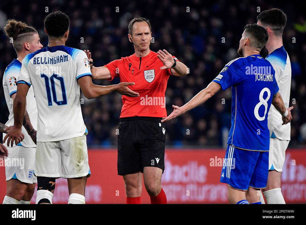 Referee Srdjan Jovanovic of Serbia argues with Jude Bellingham of ...