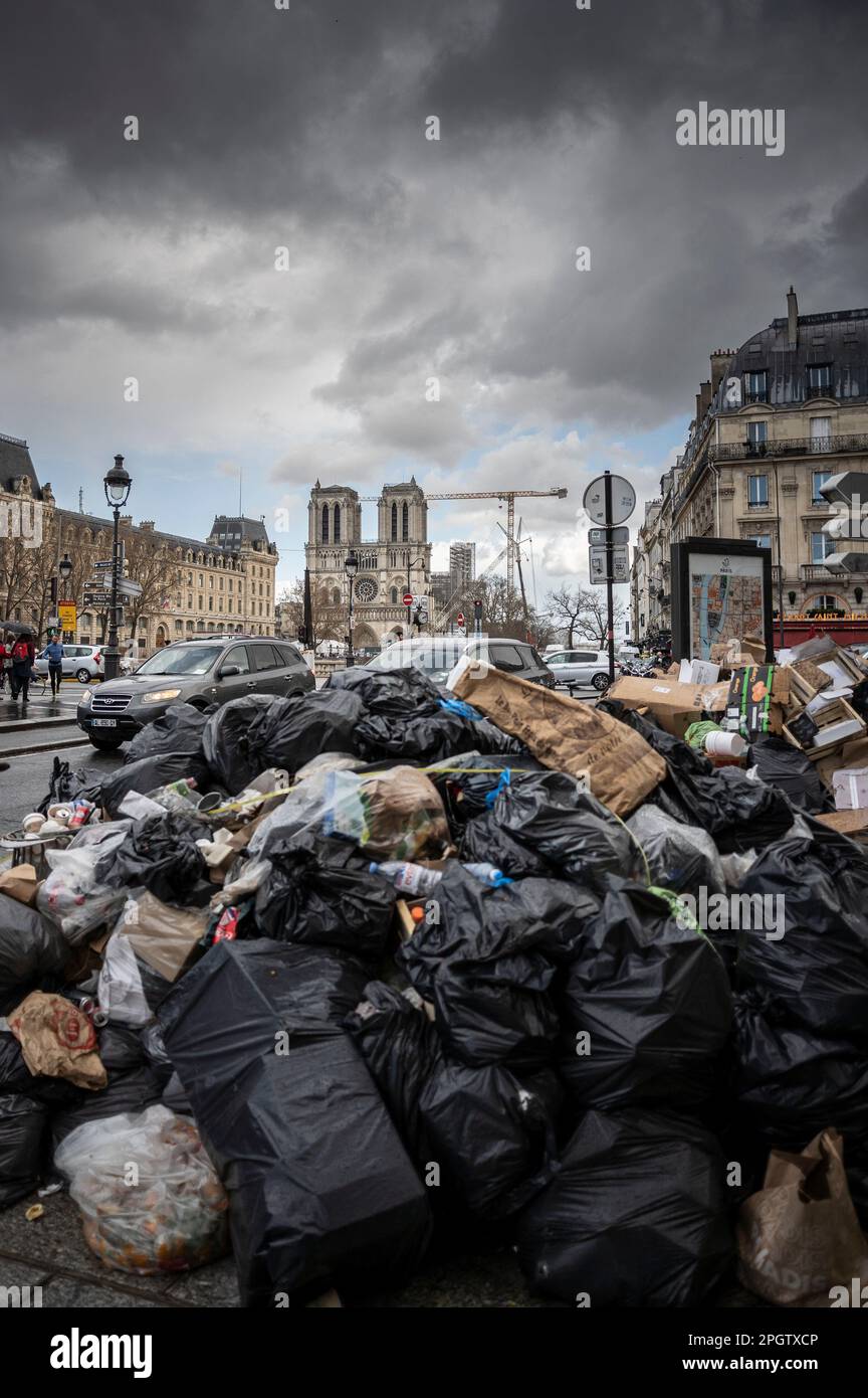 Paris, France. 24th Mar, 2023. Illustration and view of the garbage ...